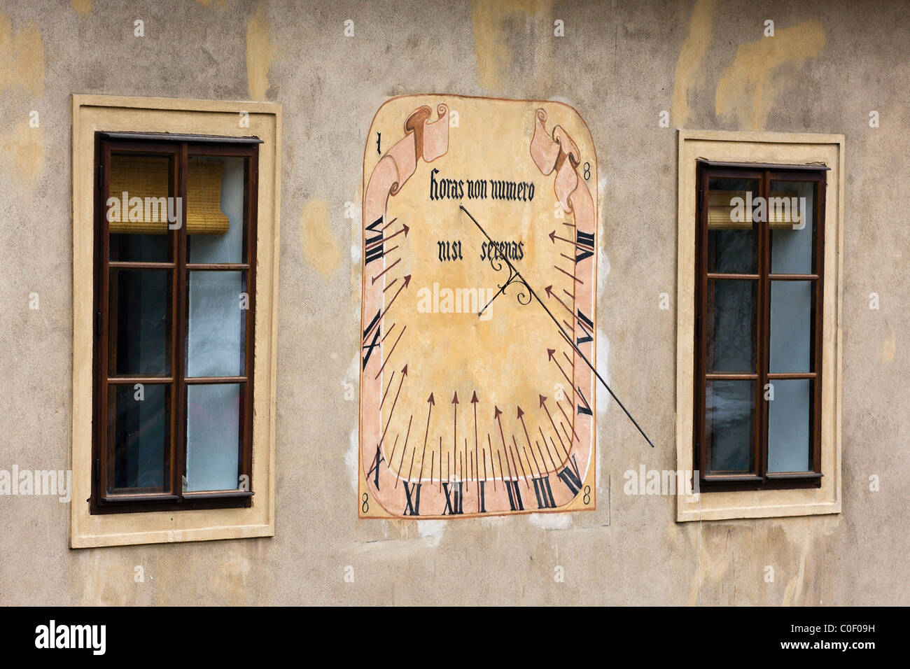 Medieval sundial painted on building wall, Castle Krivoklat, Czech ...