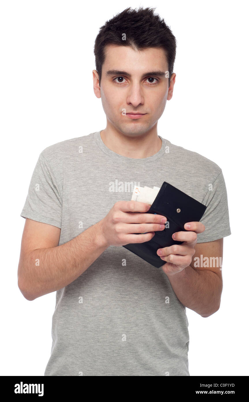 young man with wallet with money and cards (isolated on white ...