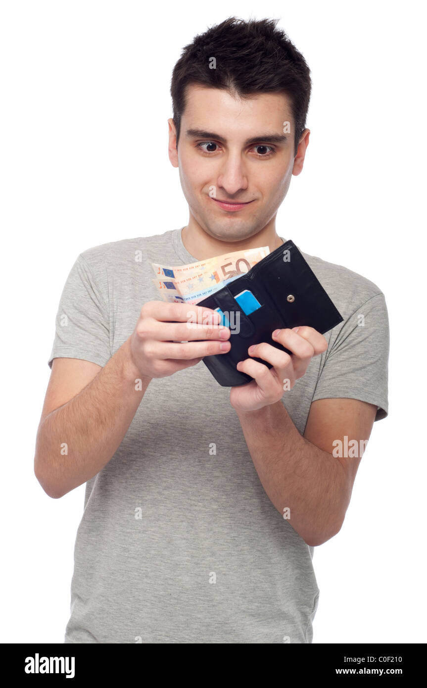 young man with wallet with money and cards (isolated on white ...