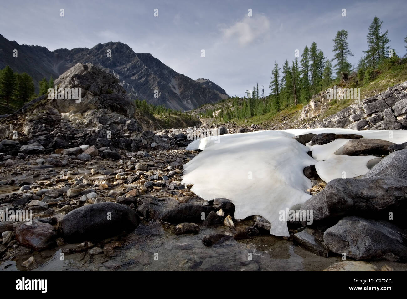 Siberia landscape with rocks, water and glacier (ice). Tranquil taiga ...