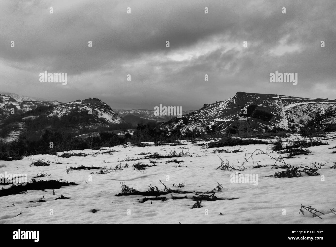 Snow on Panorama Llangollen with view of Dinas Bran castle and Eglwyseg ...