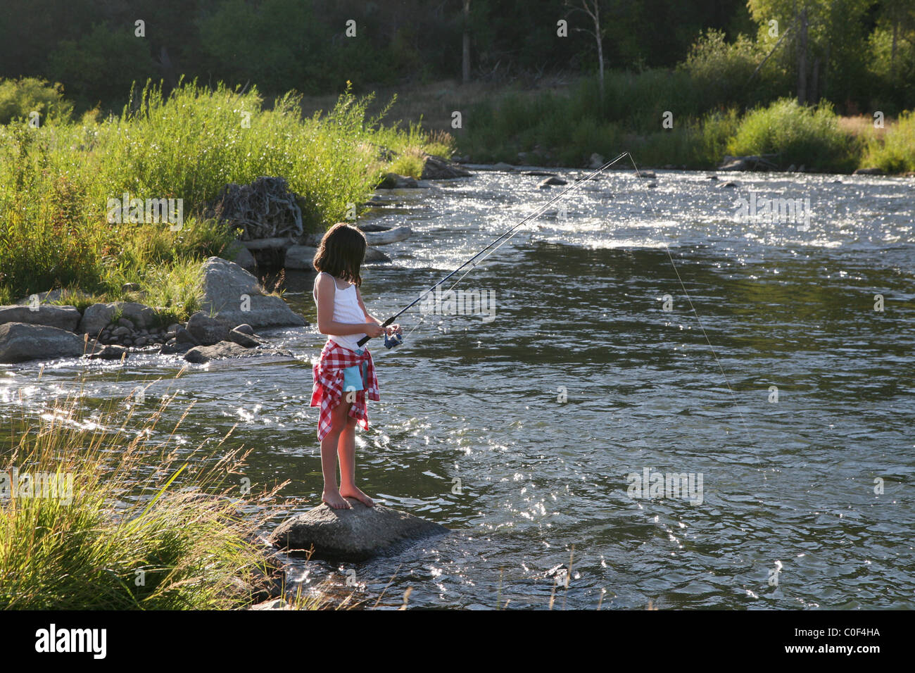 Girl fishing in stream Stock Photo - Alamy