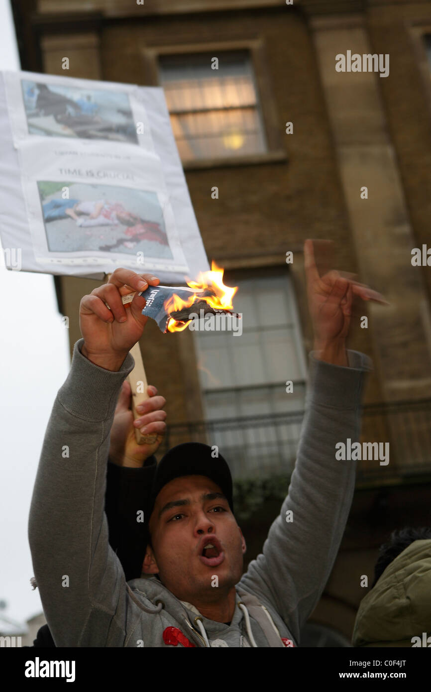 Angry Libyan protester burns a poster in Whitehall Stock Photo - Alamy