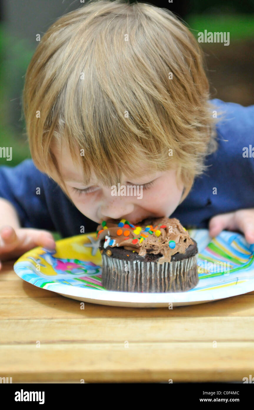 Little boy eating chocolate cupcake Stock Photo - Alamy