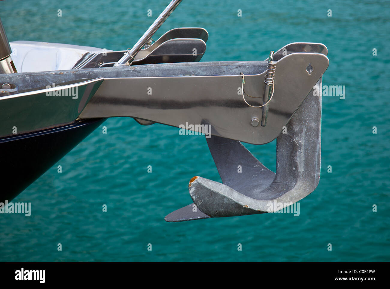 Close up of a stainless steel anchor on a large ocean going yacht Stock ...