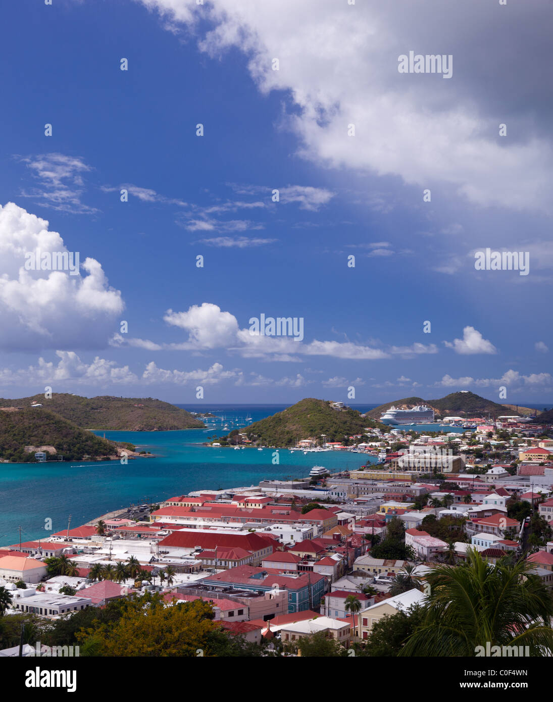 Aerial view of Charlotte Amalie town and harbour in St Thomas in the US ...