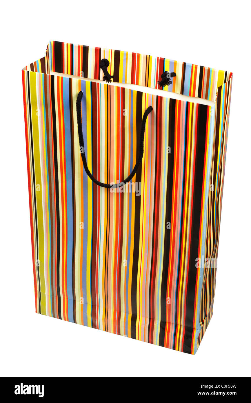 Colorful striped paperbag isolated on white background Stock Photo - Alamy