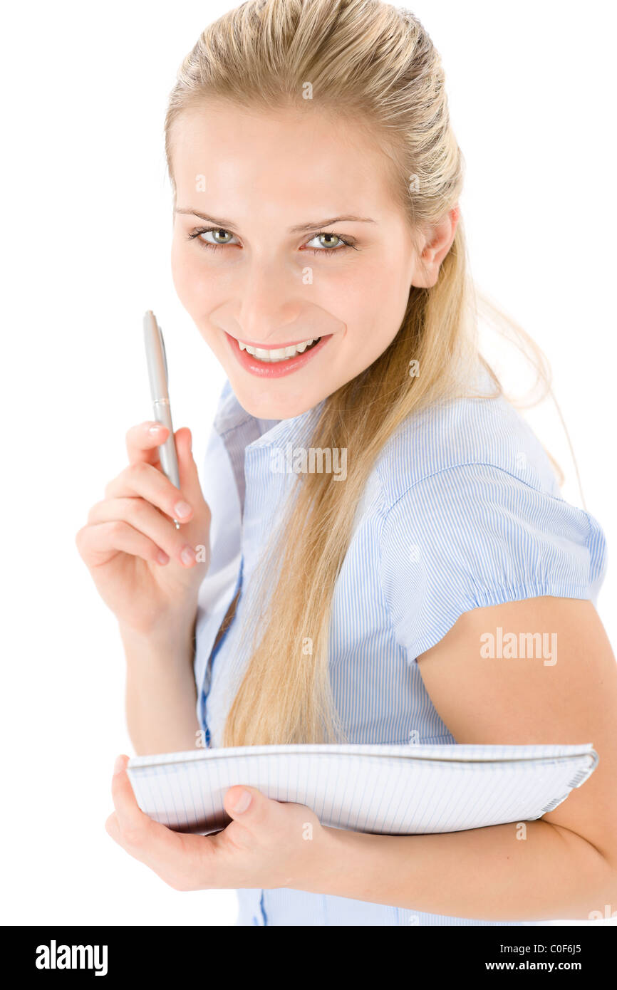 Portrait of happy student woman write notes on white background Stock ...