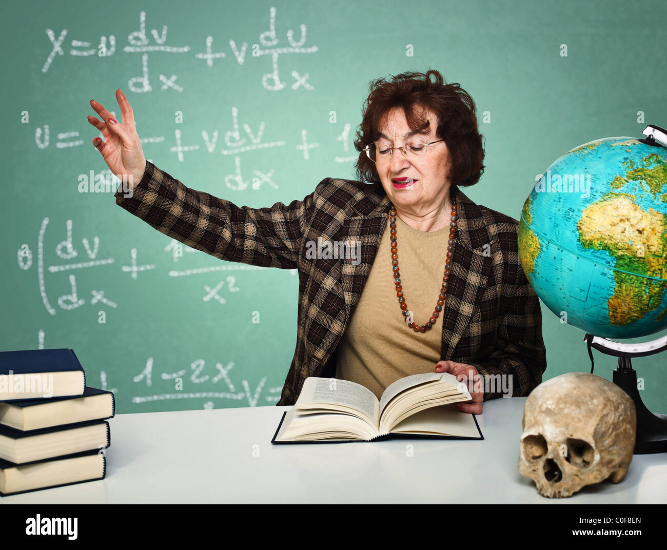 caucasian old teacher take lesson with classic board background Stock ...