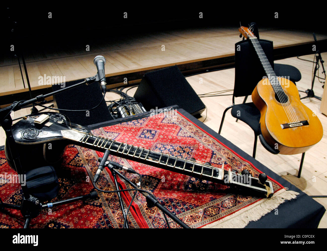 Guitar and sitar standing side by side during a concert by musician ...