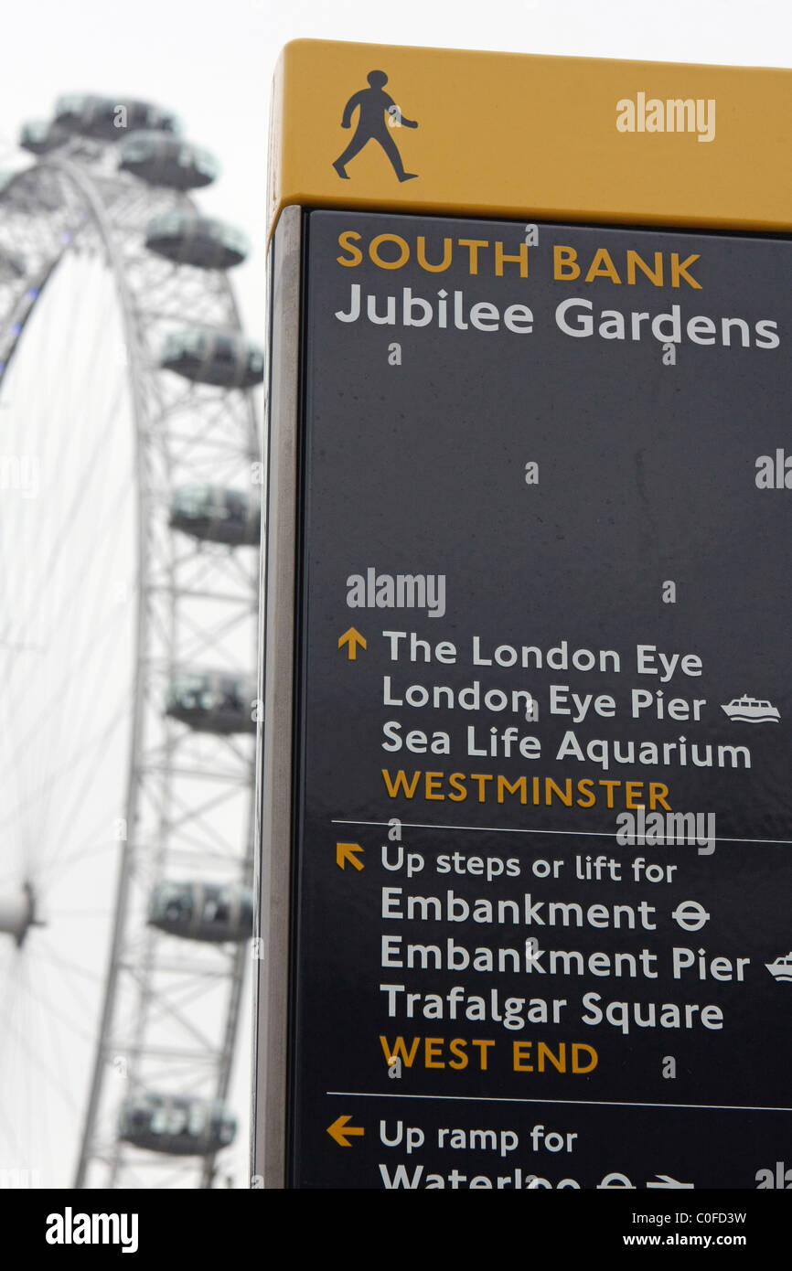 A places of interest sign on the embankment of the River Thames with ...