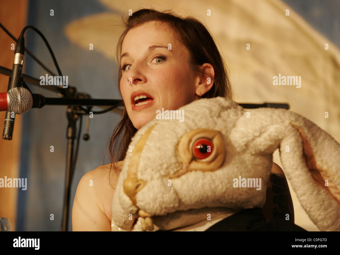 Meret Becker, rabbit Harvey at a photocall for her show "Harmonie ...
