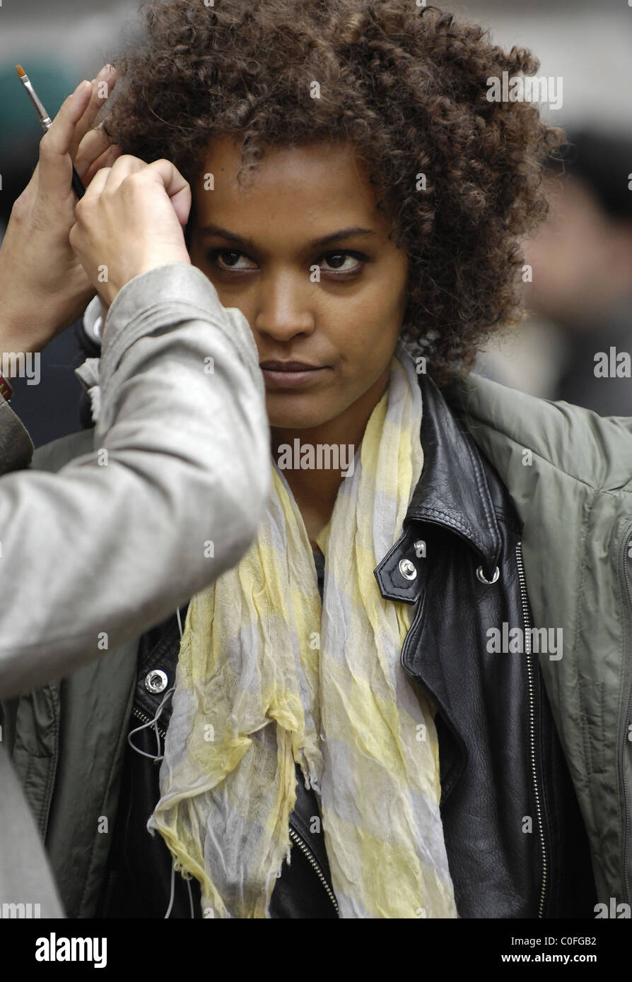 Liya Kebede at a photoshoot for Estee Lauder at Piccadilly Circus ...
