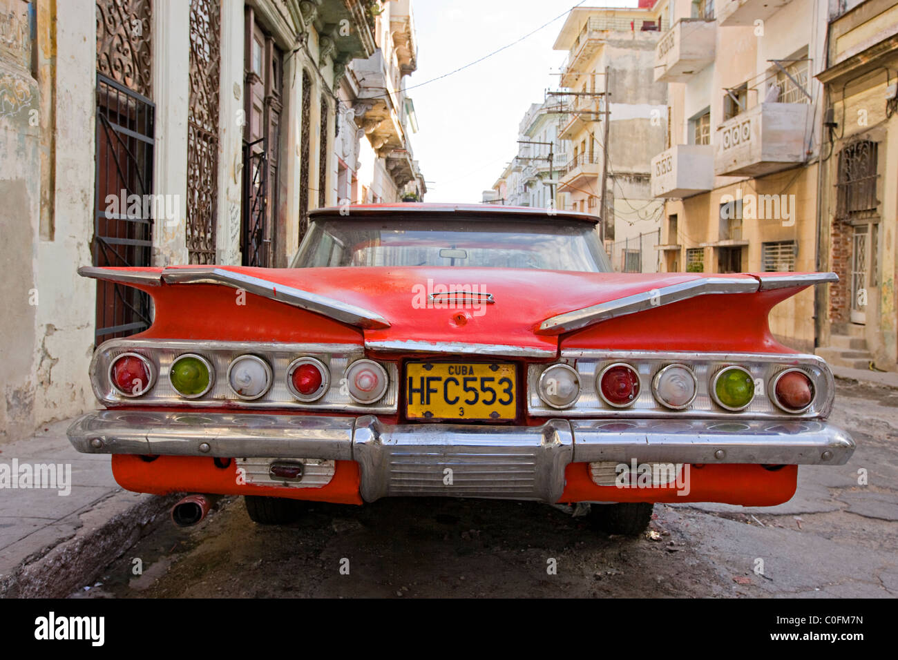 Rear end of an old American 1950s automobile in a street in Havana Cuba ...
