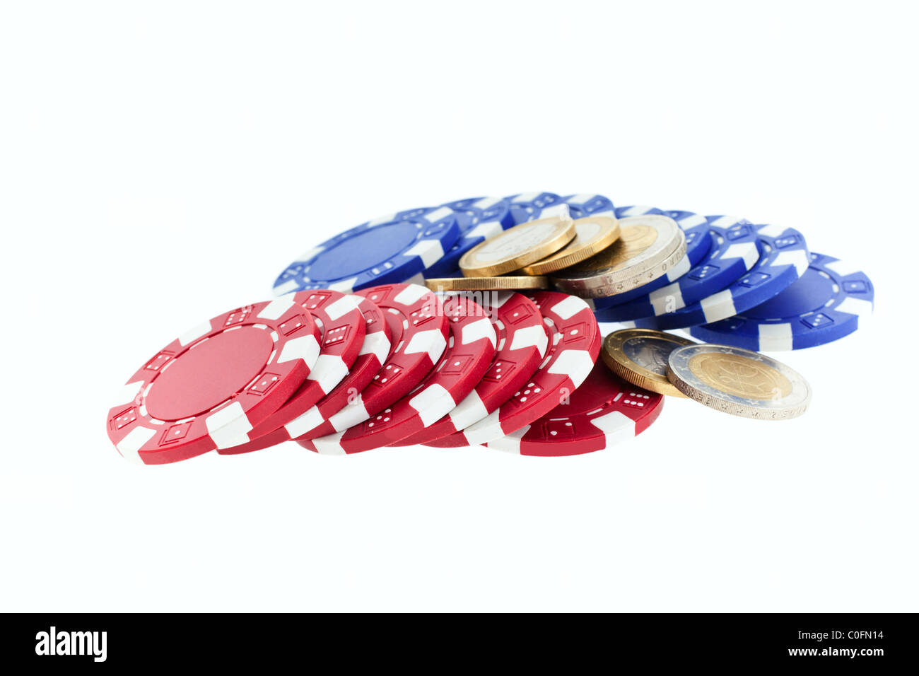multicolor poker chips and euro coins isolated on white background ...