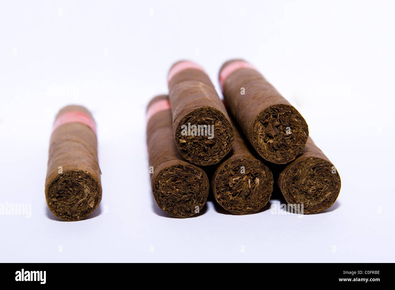 Six Cuban Cigars isolated on white. One cigar apart. Very shallow depth ...