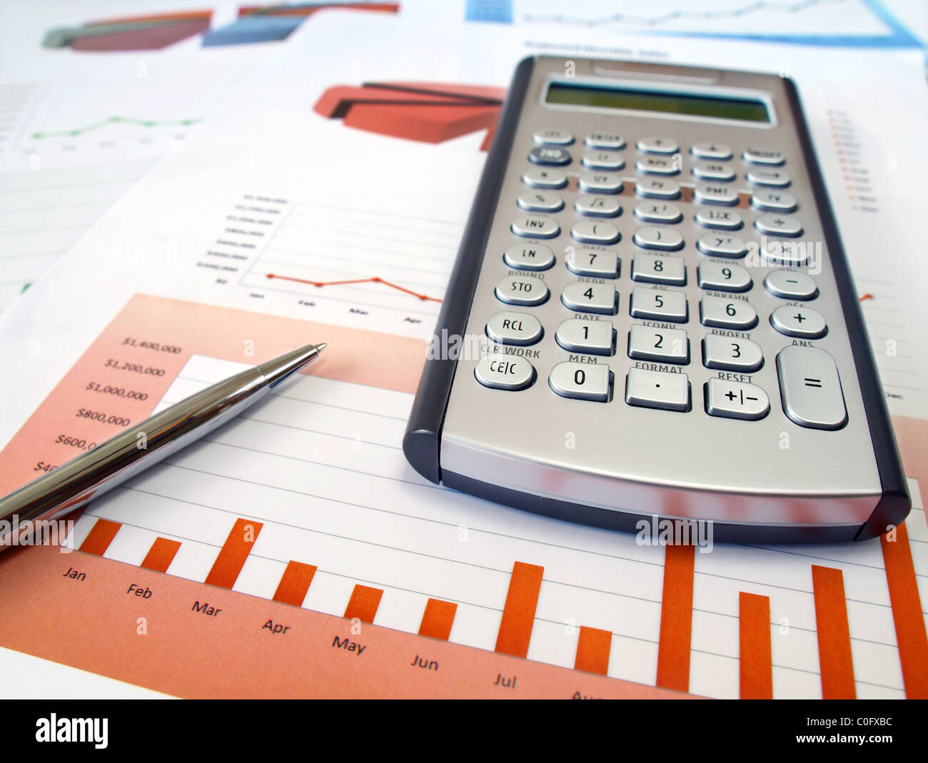 Calculator and pen on the investment chart Stock Photo - Alamy