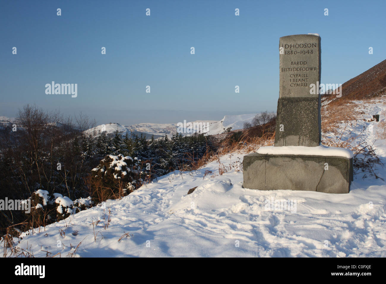 Memorial of I D Hooson and snow on Panorama Llangollen with view of ...