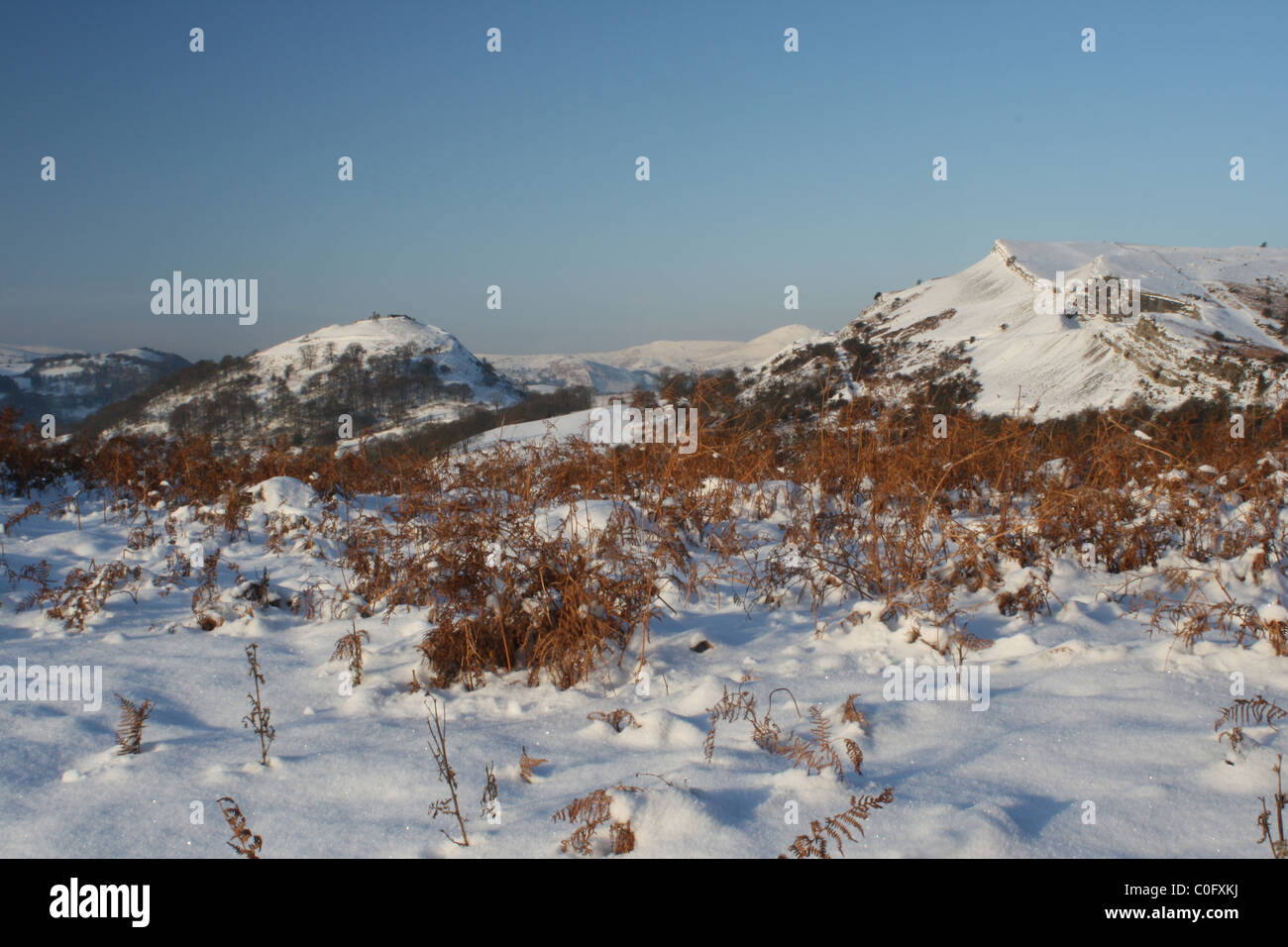 Snow on Panorama Llangollen with view of Dinas Bran castle and Eglwyseg ...