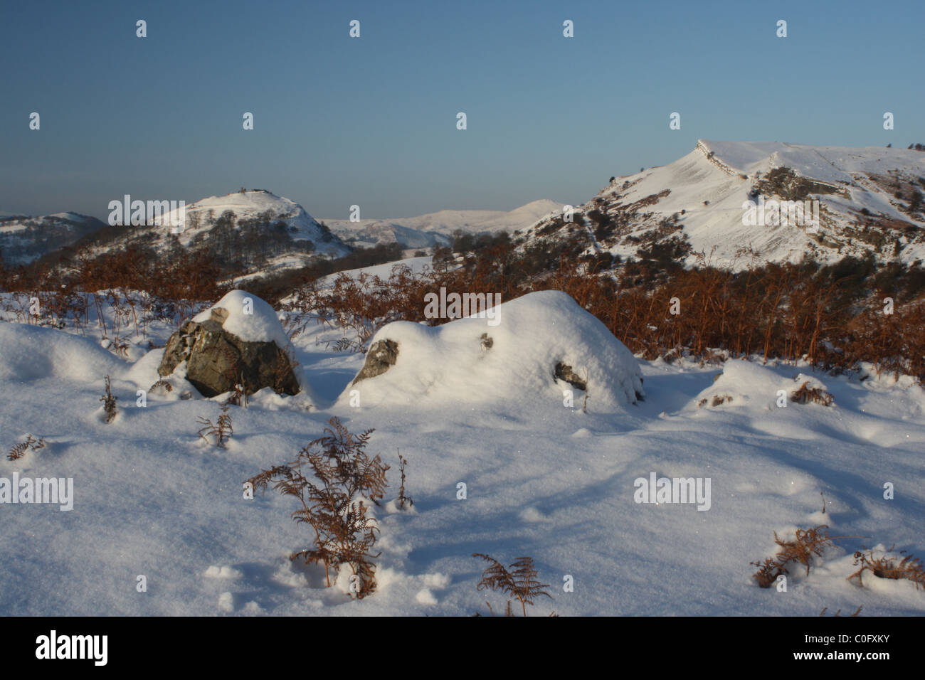 Snow on Panorama Llangollen with view of Dinas Bran castle and Eglwyseg ...