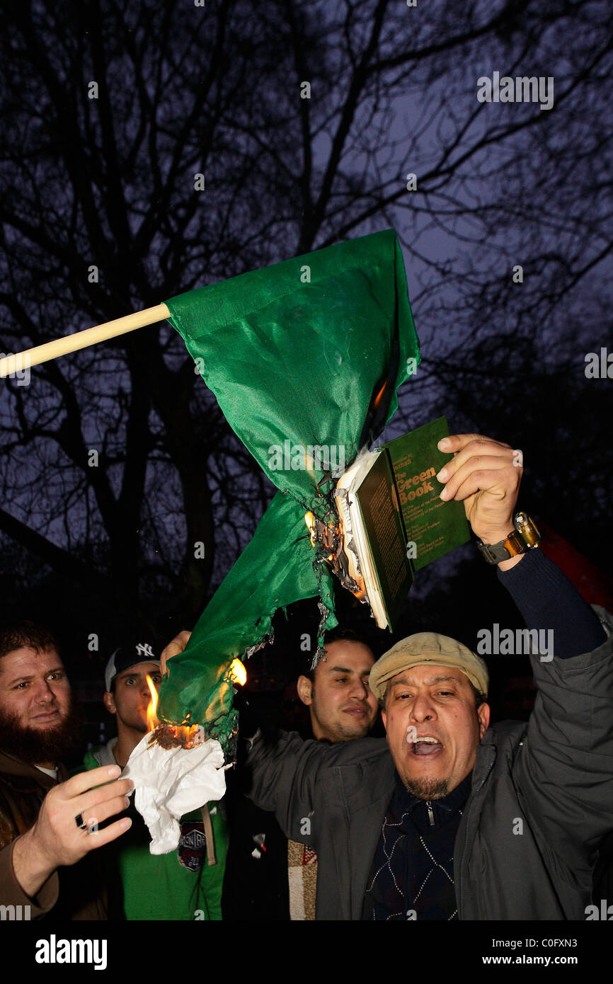 Angry Libyans burn Gaddafi's Green flag in London Stock Photo - Alamy