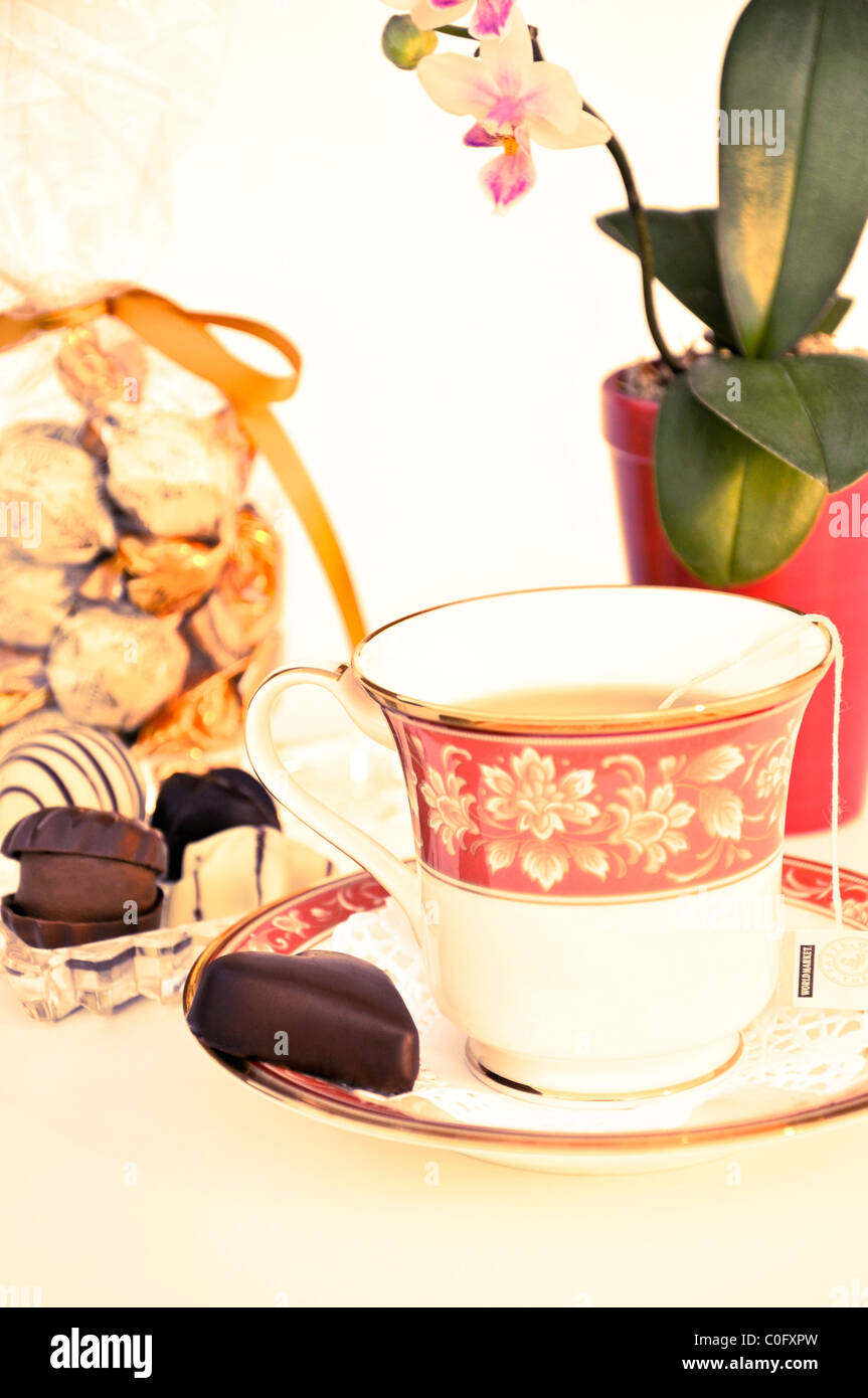 Classy porcelain cup of tea and chocolates - vintage look special ...