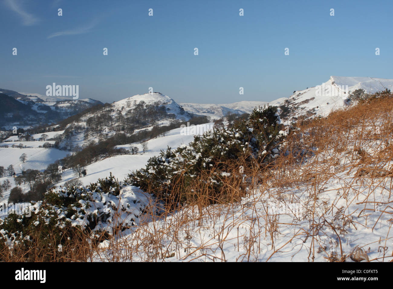 Snow on Panorama Llangollen with view of Dinas Bran castle and Eglwyseg ...