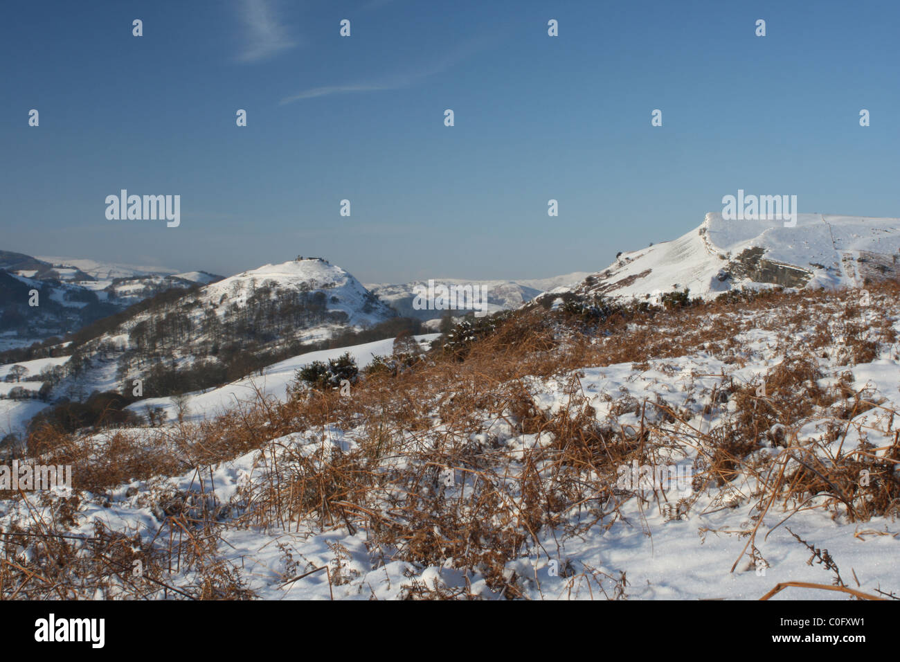 Snow on Panorama Llangollen with view of Dinas Bran castle and Eglwyseg ...