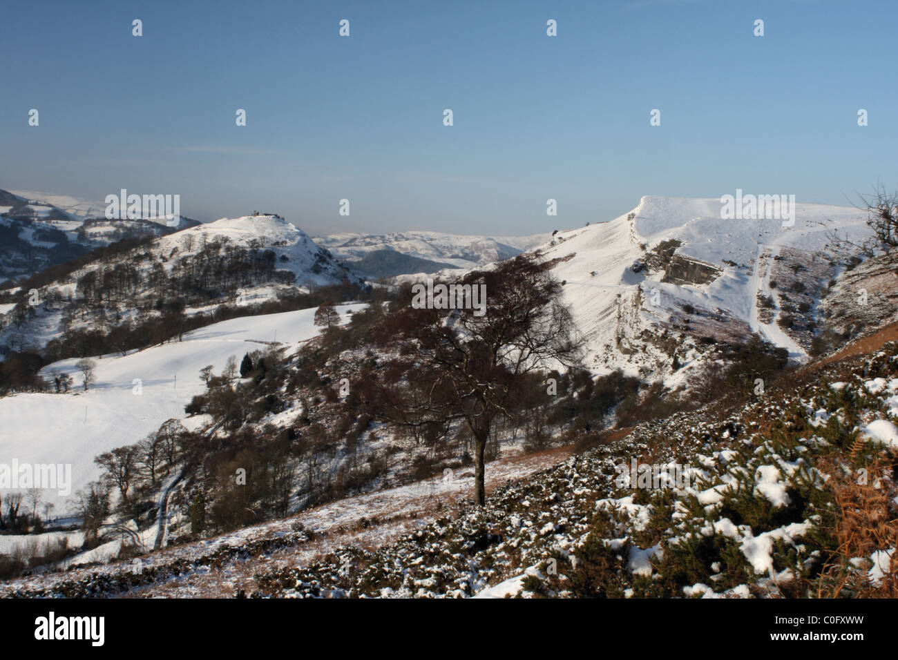 Snow on Panorama Llangollen with view of Dinas Bran castle and Eglwyseg ...
