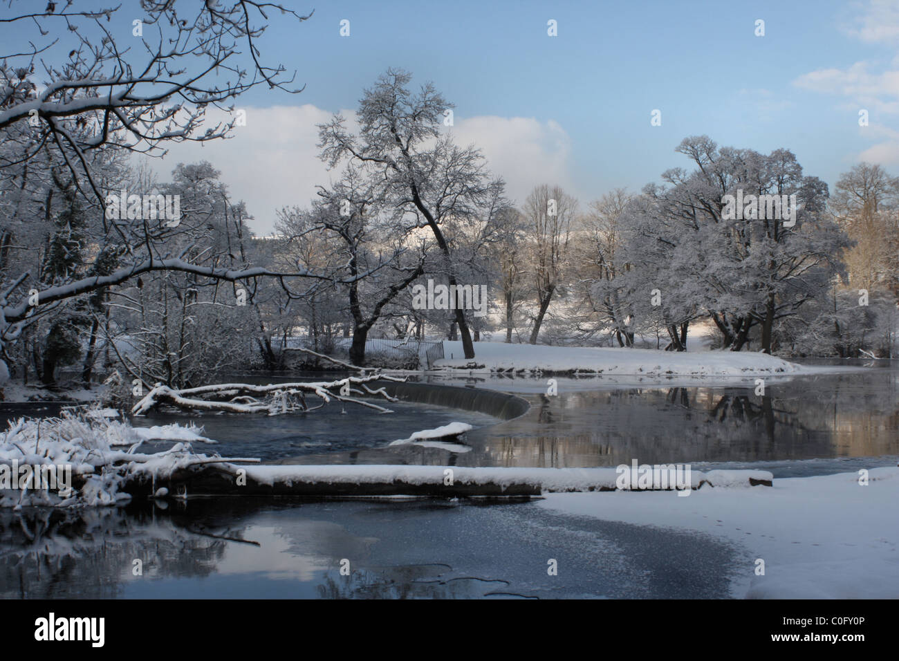 Snow at the Horseshoe Falls waterfall on the river Dee Llangollen Stock ...