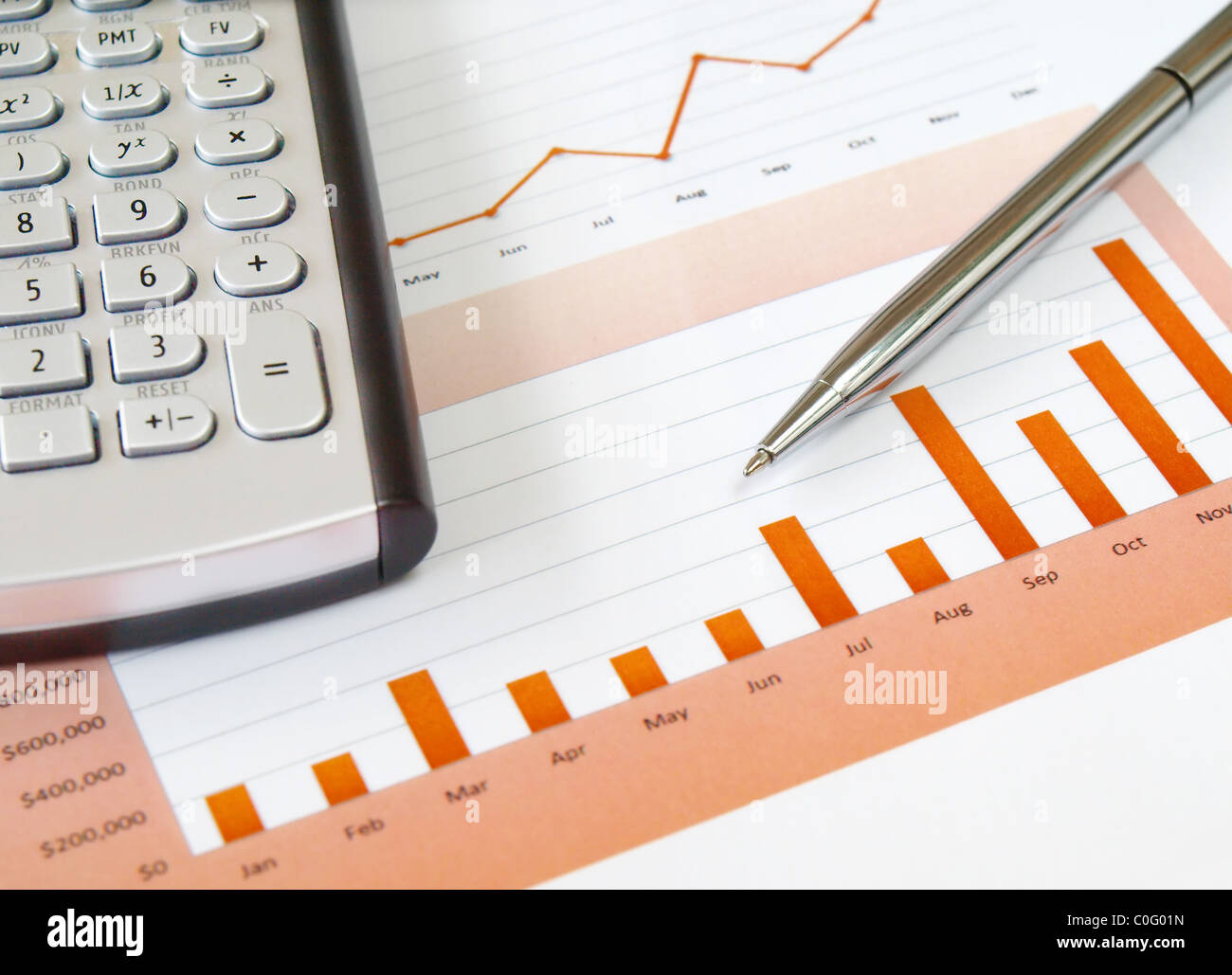 Calculator and pen on the investment chart Stock Photo - Alamy