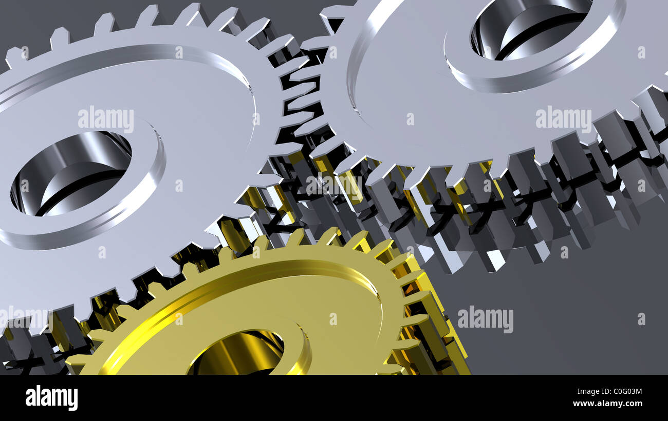 Two steel gears in connection with gold one. Concept for teamwork and ...
