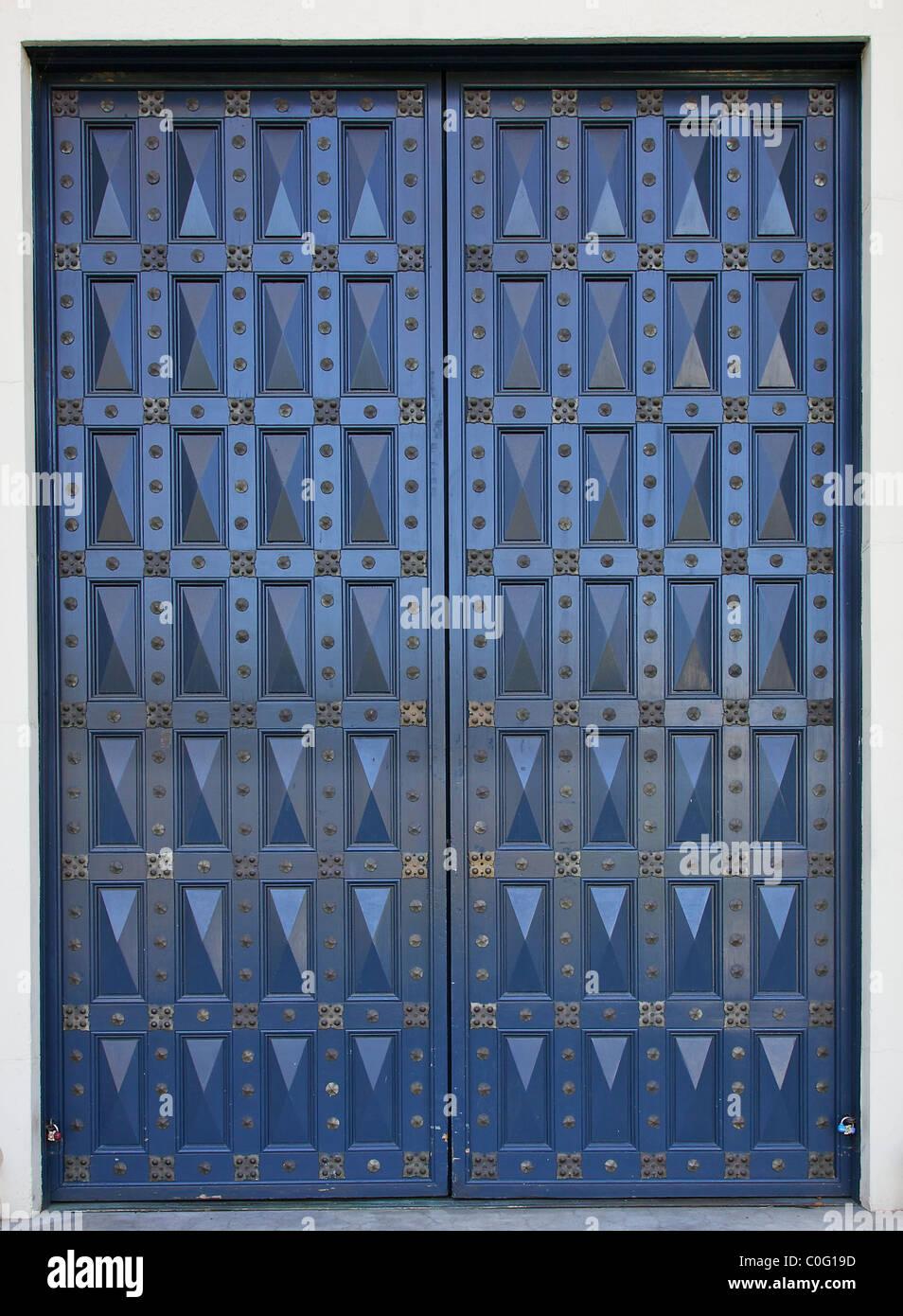 Unusual blue and brass church doors at Sacramento place of worship ...