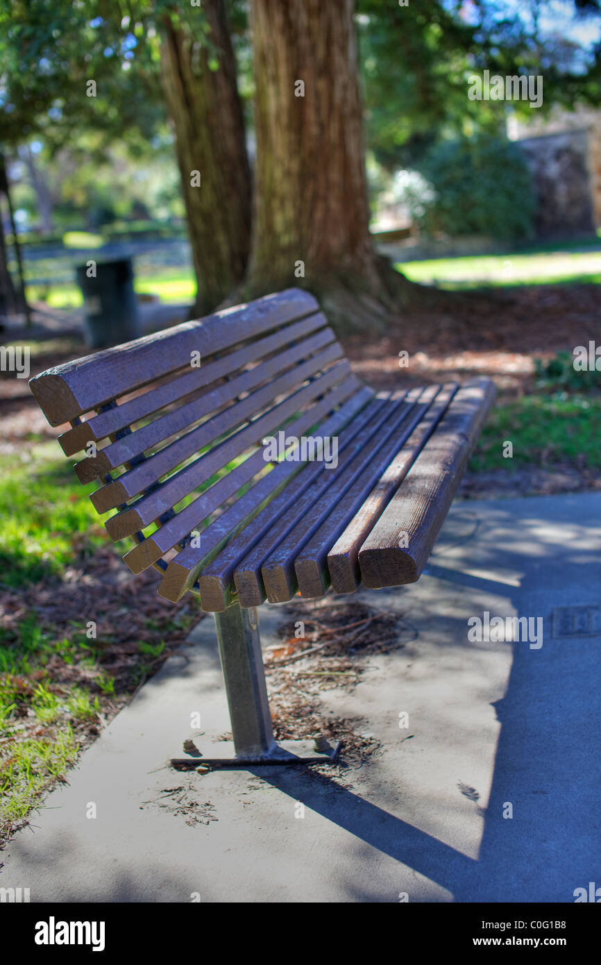 City wood park bench in park with trees and trash can in background ...