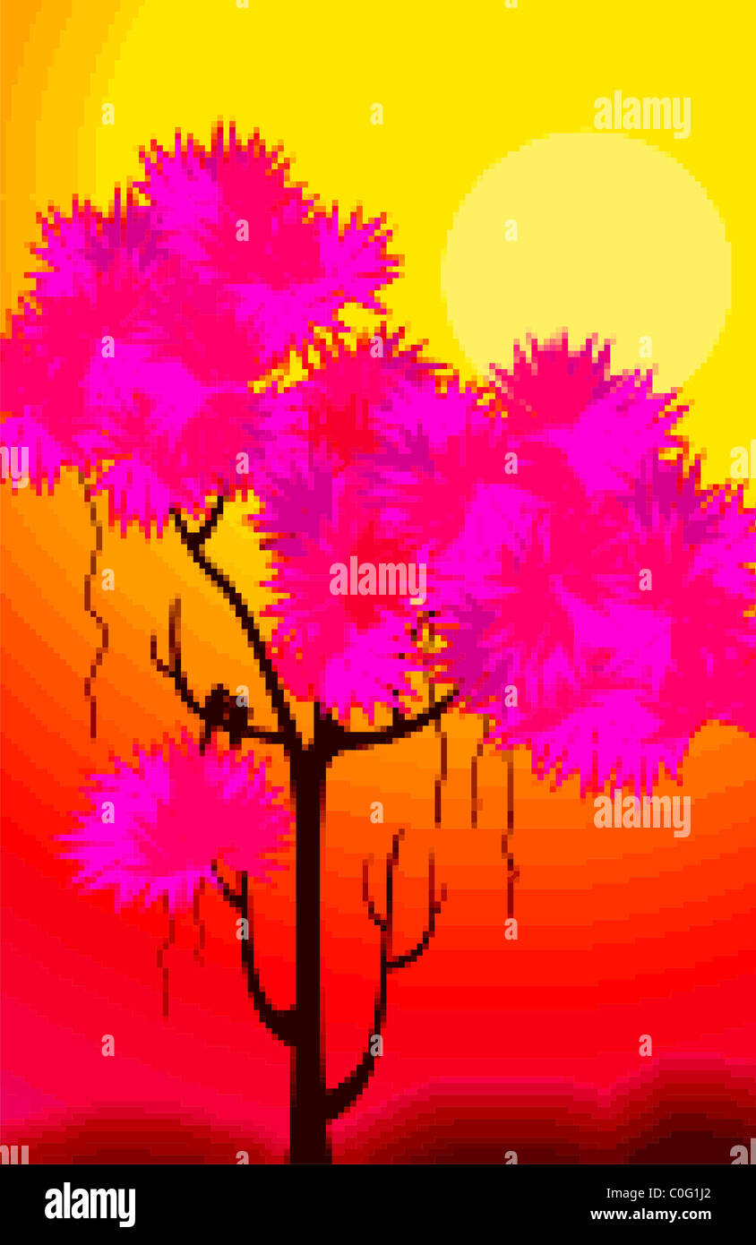 Digital painting of tree during sunset. The artist feels beauty of tree ...