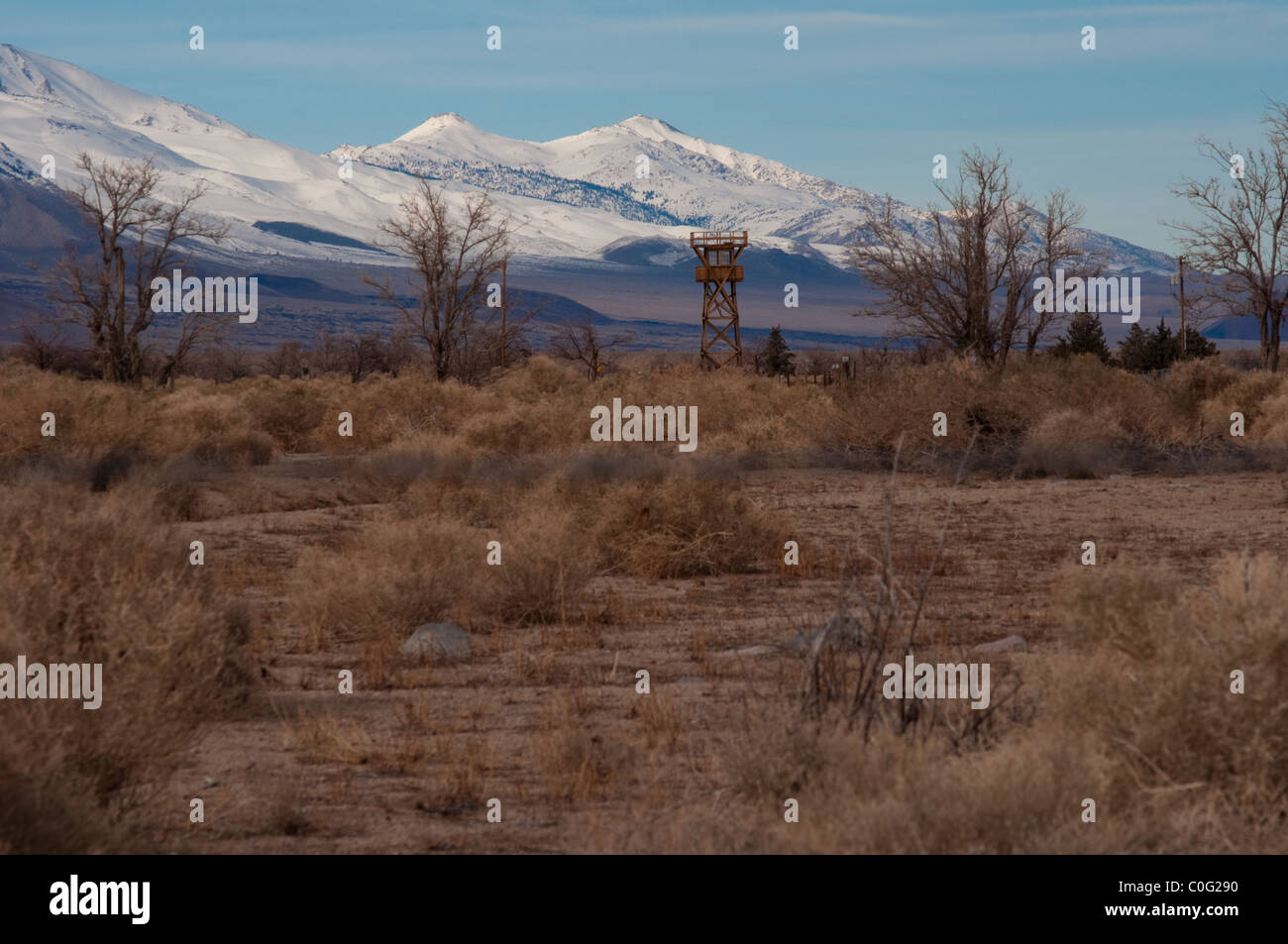 Rebuilt guard tower at Manzanar internment camp, California, USA Stock ...
