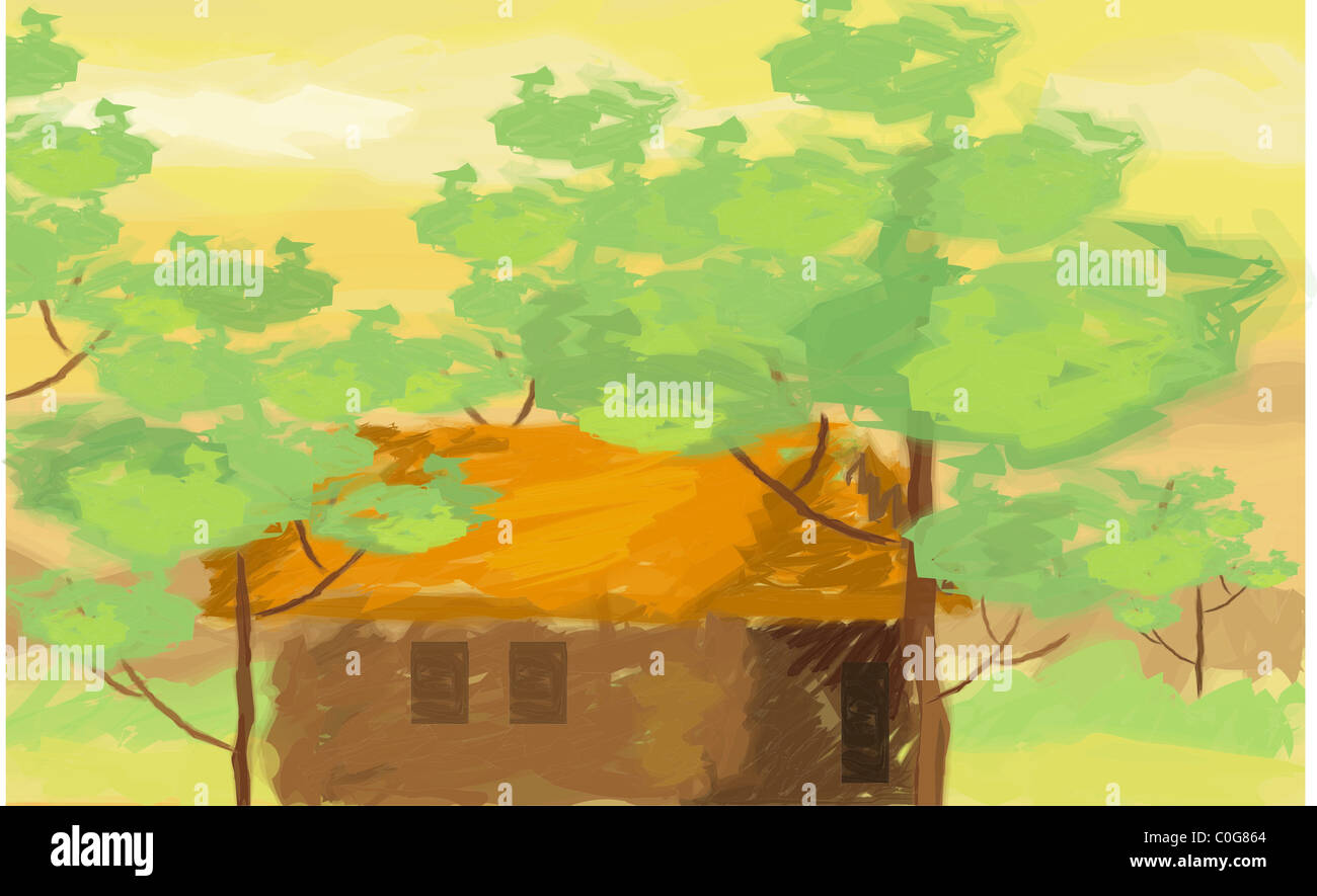 Digital painting of hut. The artist feels the beauty of a small hut ...