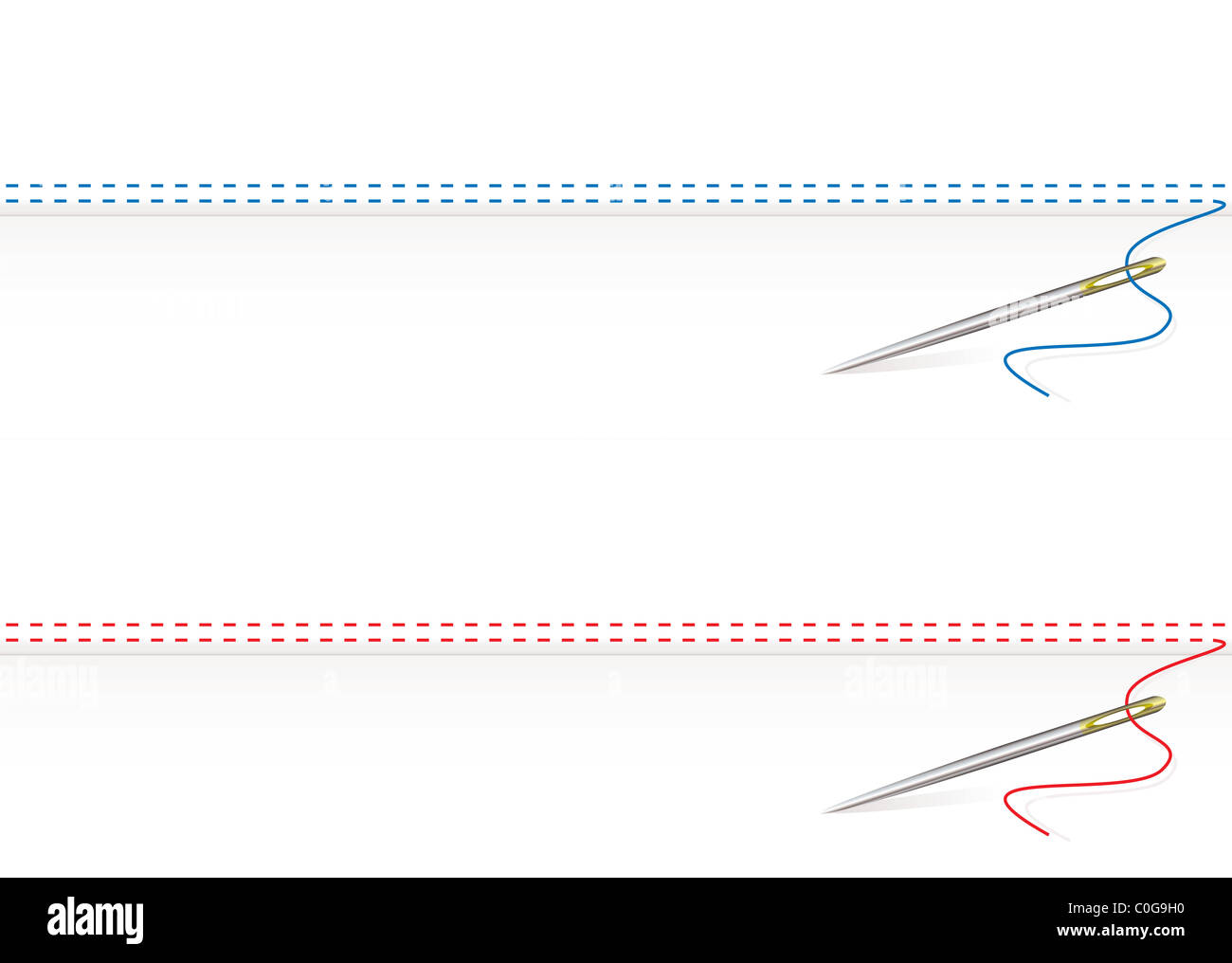 Sewing thread border on white material background and needle Stock ...