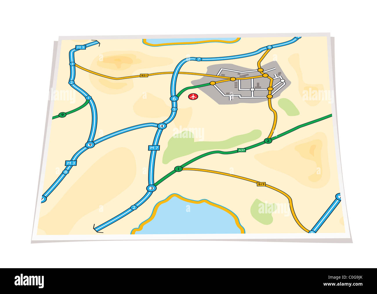 Illustrated paper city map with roads airport and guide Stock Photo - Alamy