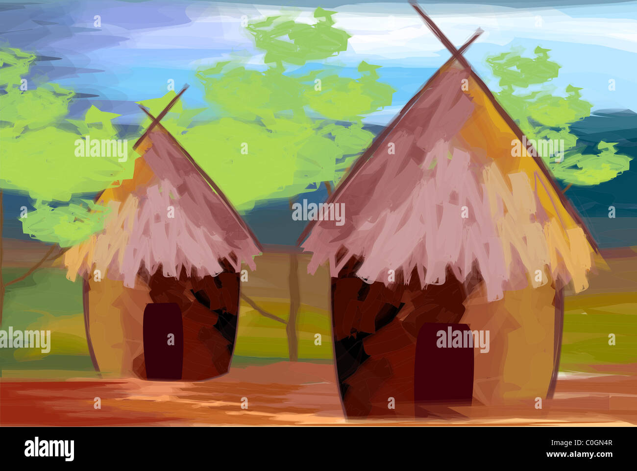 Digital painting of huts. The artist is enjoying the beauty of two huts ...