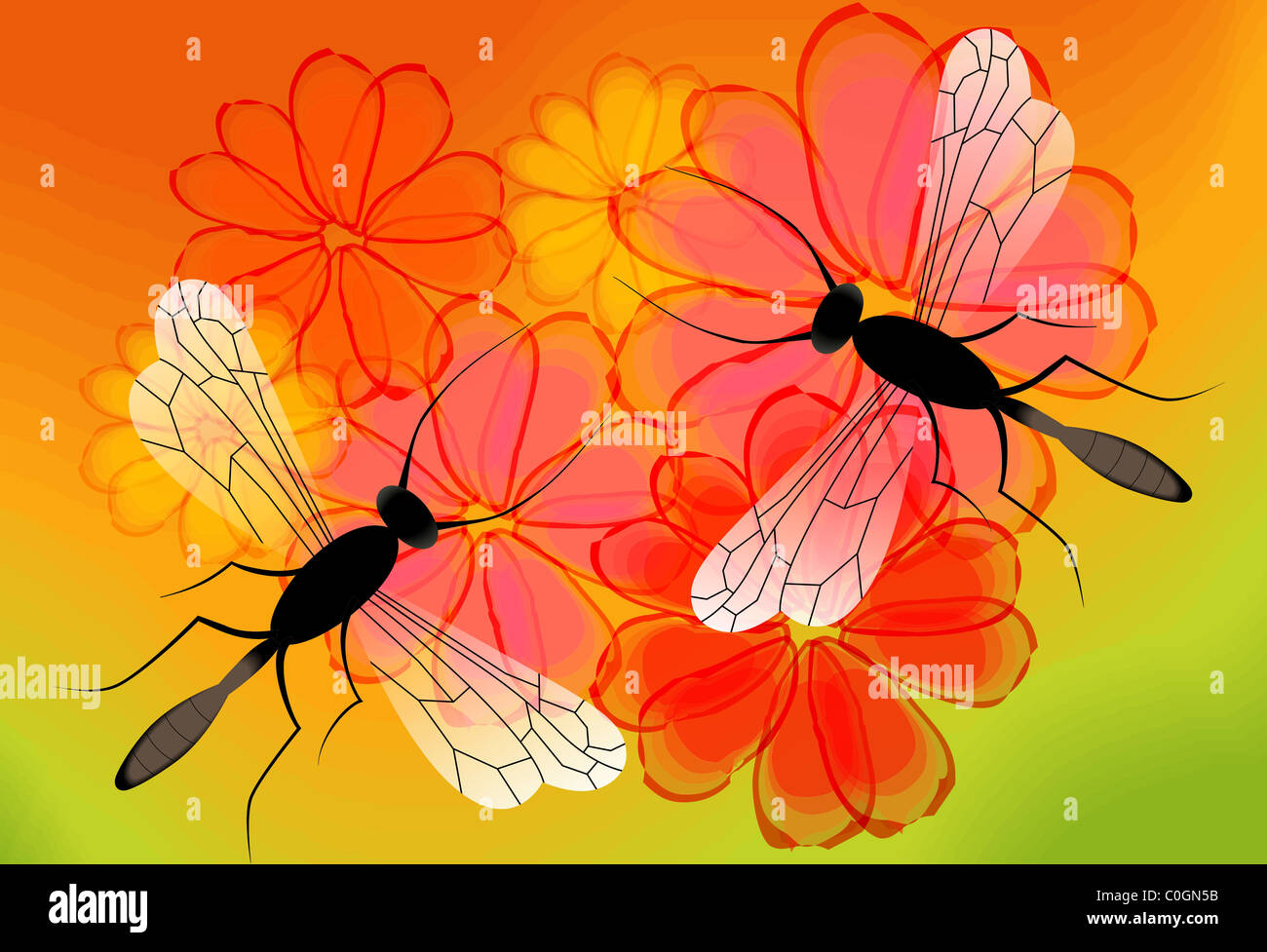 Digital painting of insects. The artist feels the beauty of two insects ...