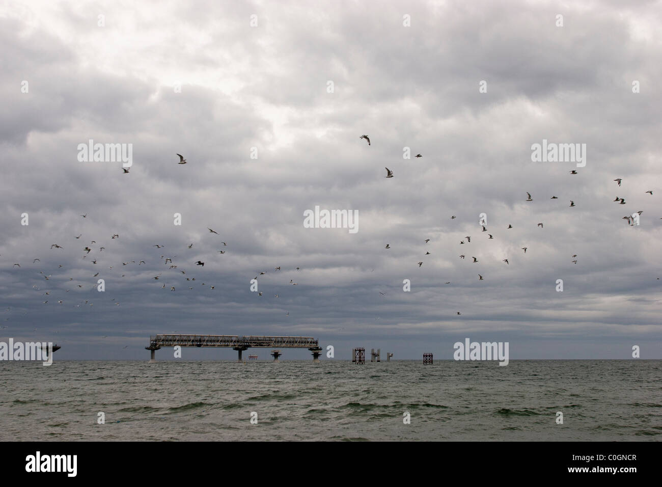 The gas loading jetty under construction offshore from the Sakenergy ...