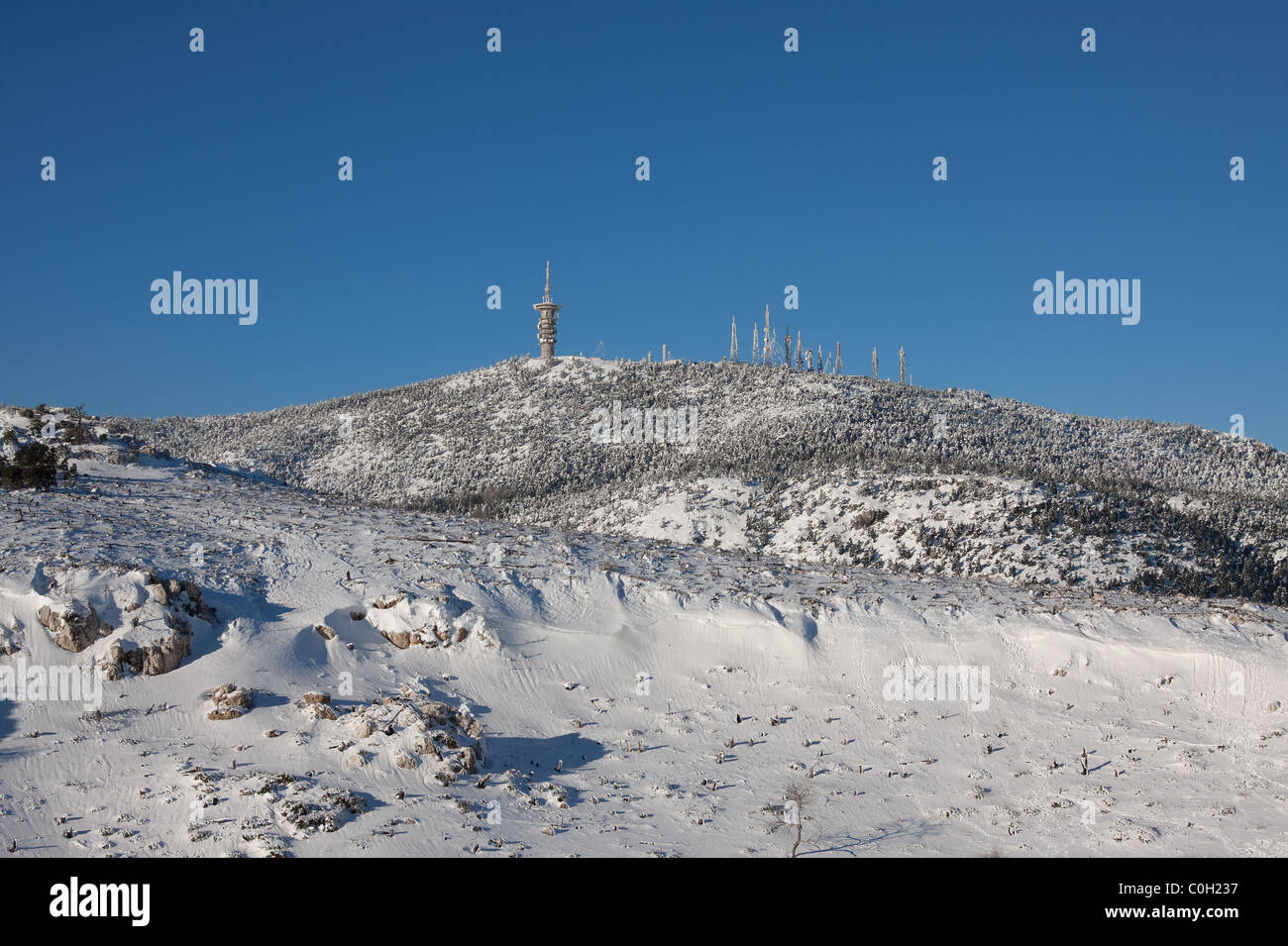 The summit of snow-covered mount Parnitha near Athens, Greece Stock ...