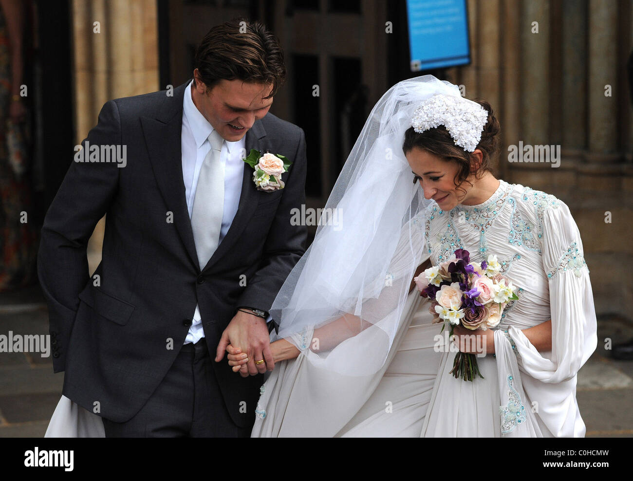 Jack MacDonald becomes entangled in Leah Wood's wedding dress The wedding of Leah Wood and Jack ...