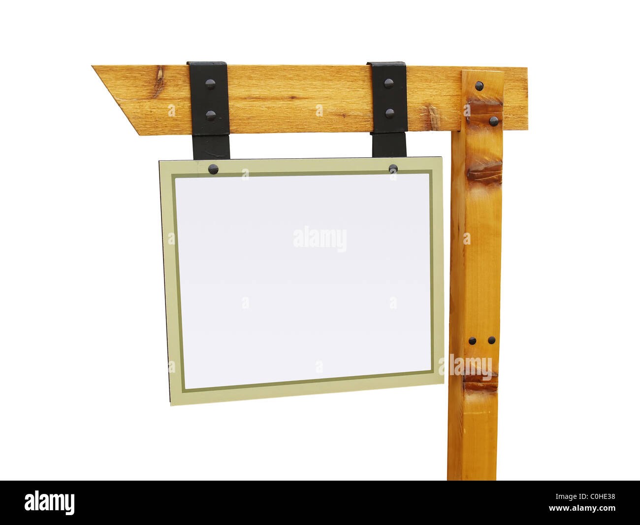 A rough cut wooden signpost and cross member with iron hardware holding ...