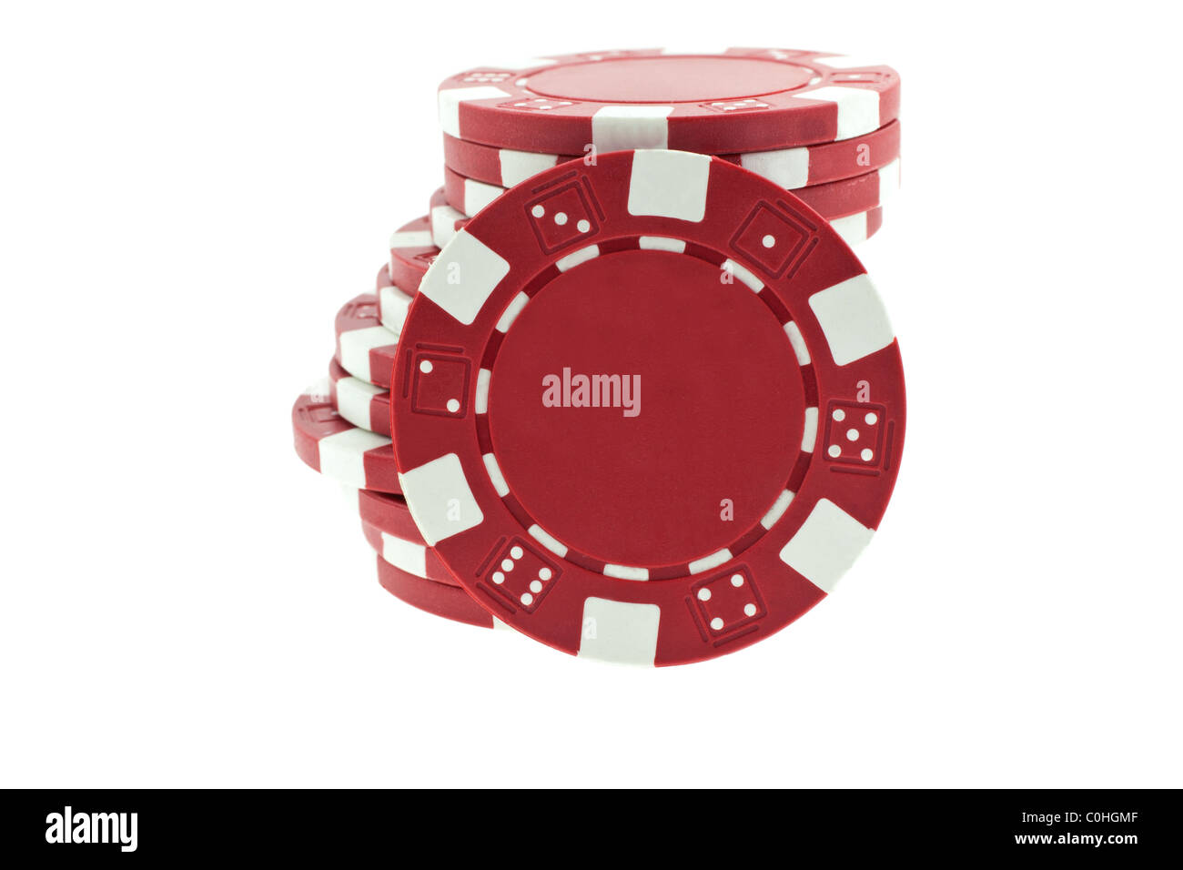 red poker chips heap isolated on white background. closeup horizontal ...
