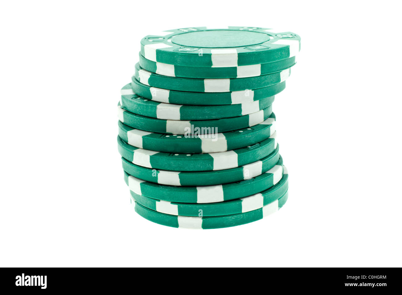 green poker chips heap isolated on white background. closeup horizontal ...