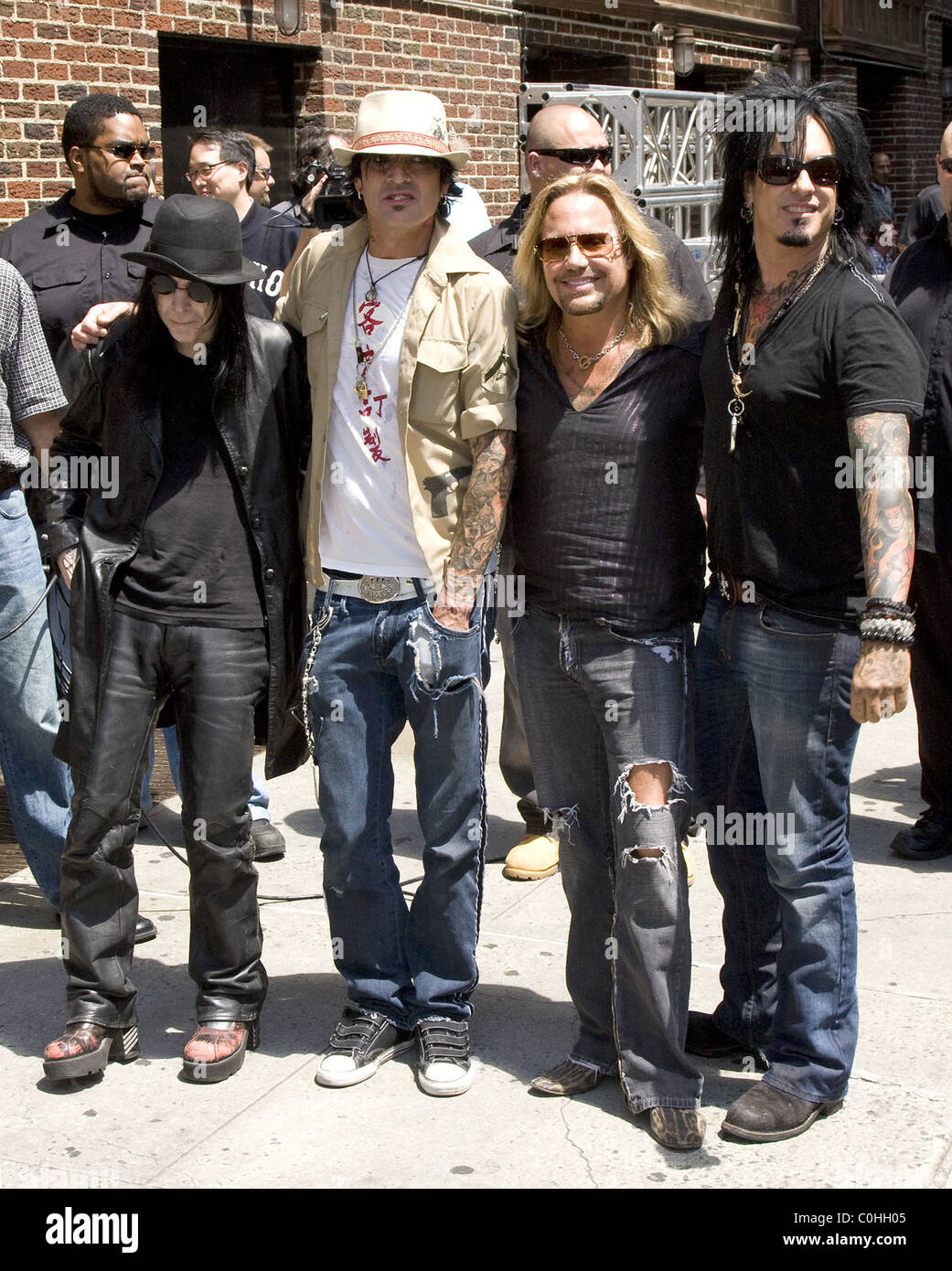 Motley Crue (Mick Mars, Nikki Sixx, Vince Neil, Tommy Lee) outside the ...