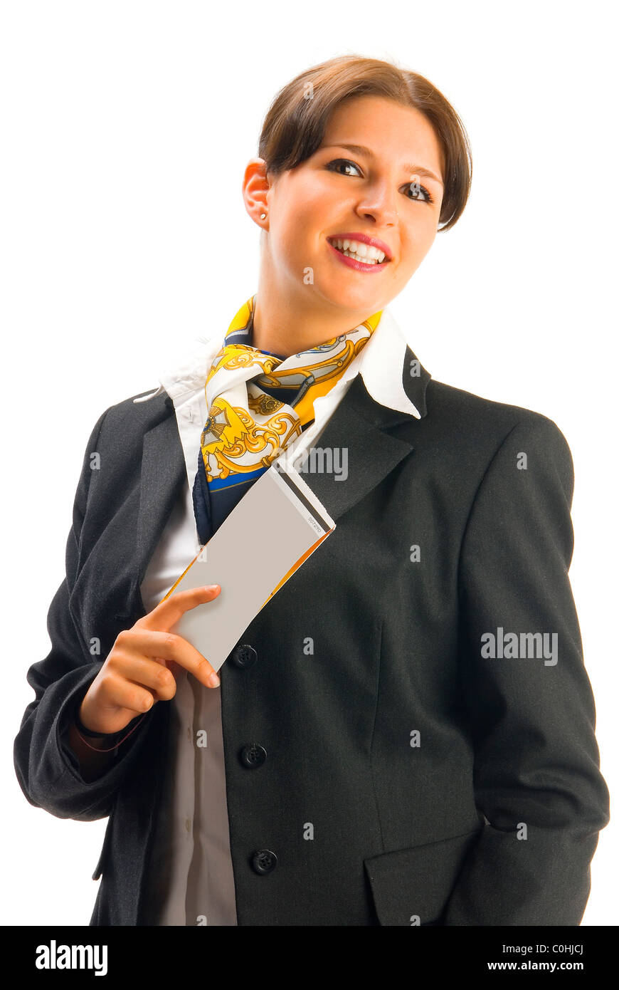 cute hostess in black suit showing some tickets with a great smile ...