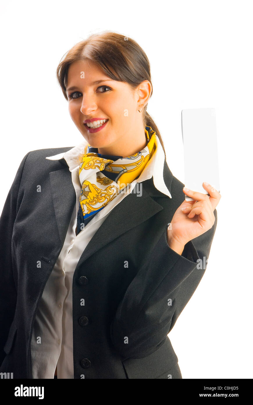 cute hostess in black suit showing some tickets with a great smile ...